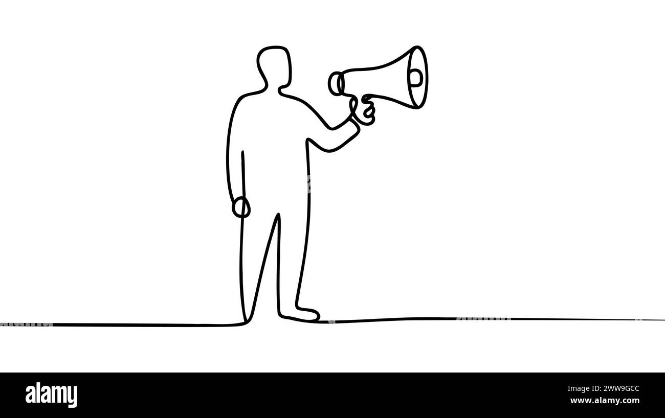 One continuous single drawn line art doodle megaphone, man, people ...