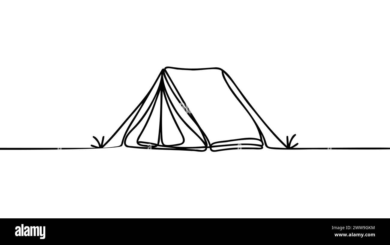 Single continuous line drawing tent camping in outdoor travel. Nature ...
