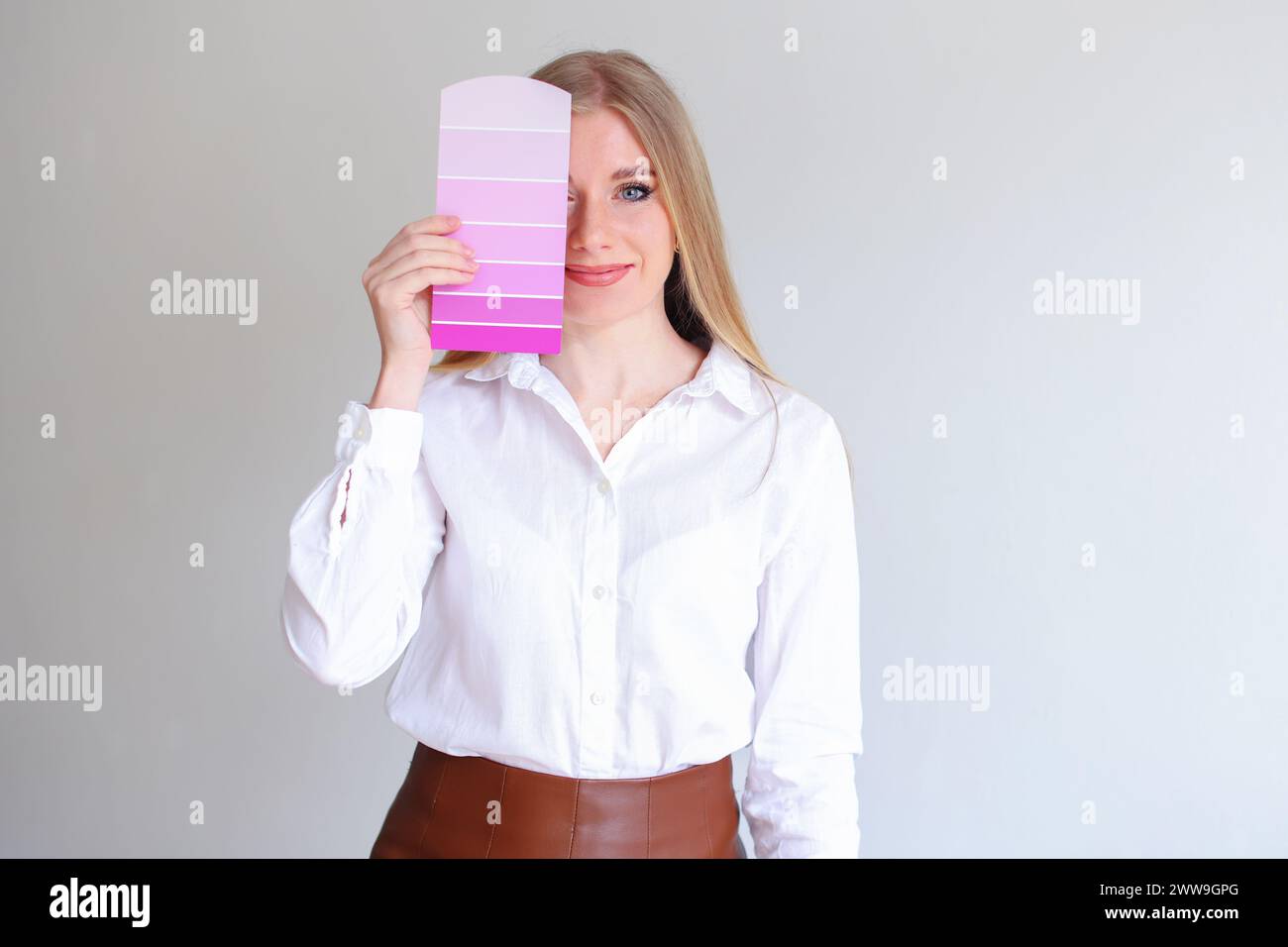girl interior designer hold color palette, focus on a palette Stock ...