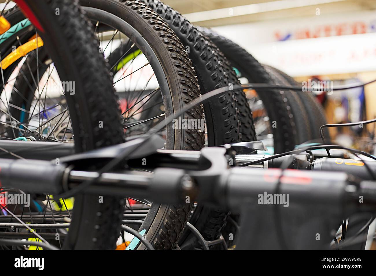 close-up of bicycle wheels in a sports store Stock Photo - Alamy