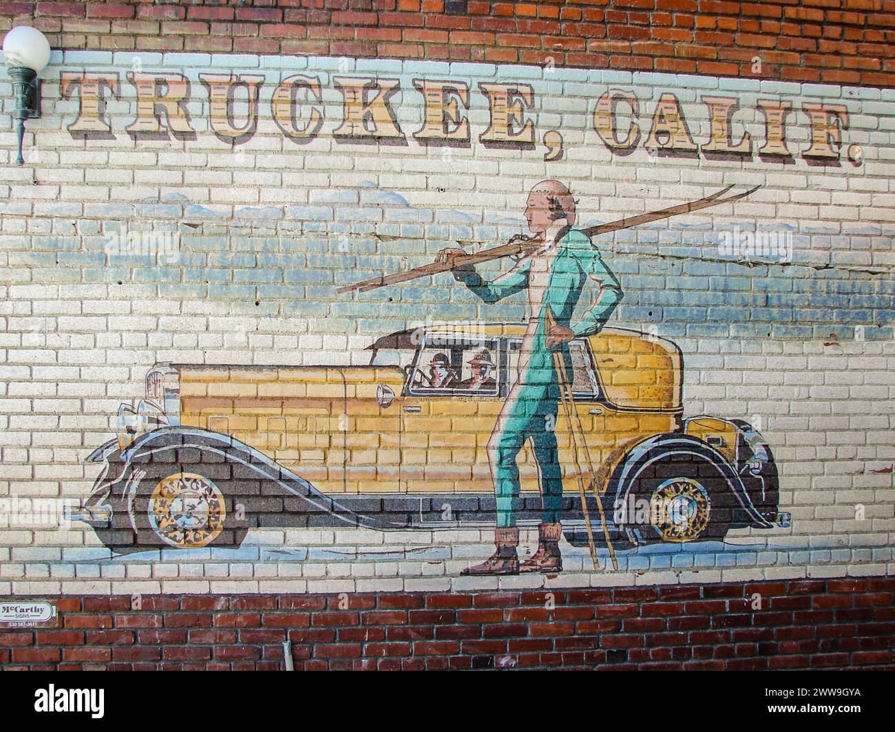 Truckee, California mural painted on a red brick wall outside Stock ...