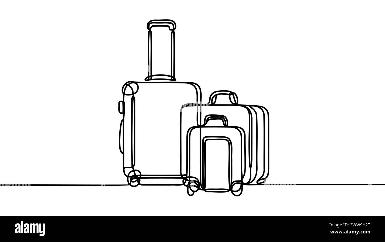 Travel suitcase in continuous line drawing style. Luggage valise with wheels and retractable ...
