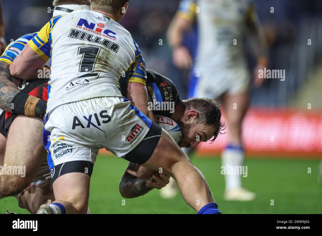 Daryl Clark of St. Helens goes over for a try during the Betfred ...