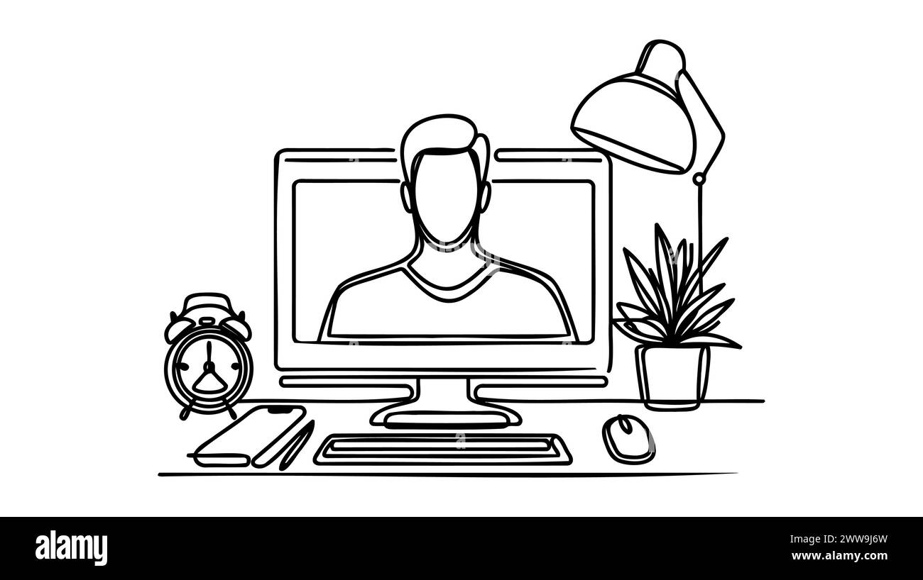 Workplace in continuous one line art style. Office desk with monitor ...