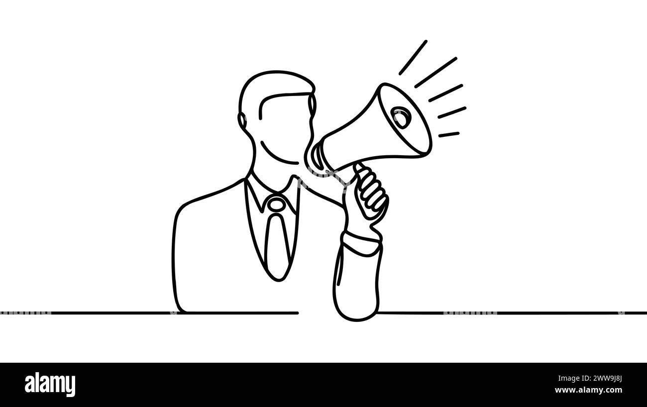 One continuous single drawn line art doodle megaphone, man, people ...