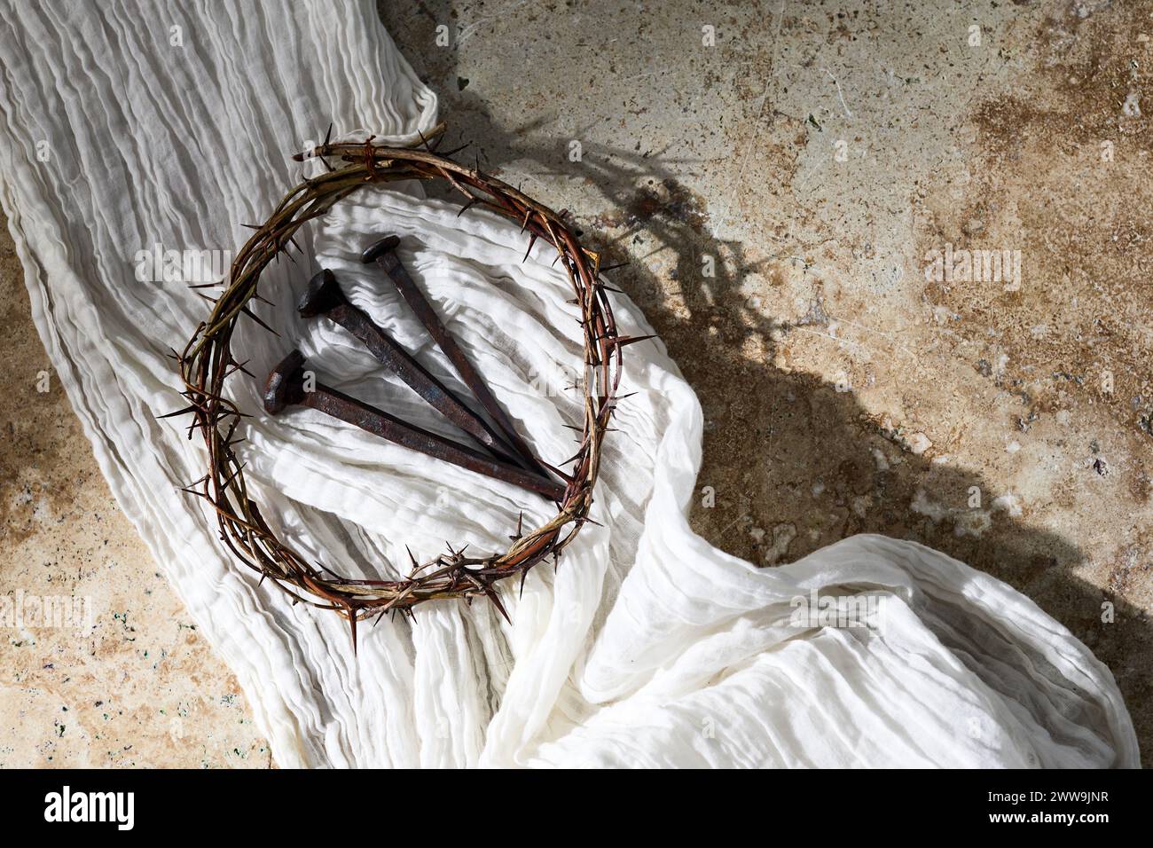 Easter background. Crown Of Thorns with white shroud. Crucifixion Of ...