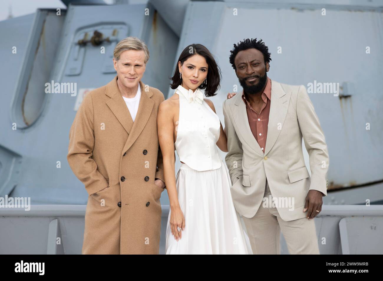 Cary Elwes, from left, Eiza Gonzalez and Babs Olusanmokun pose for ...