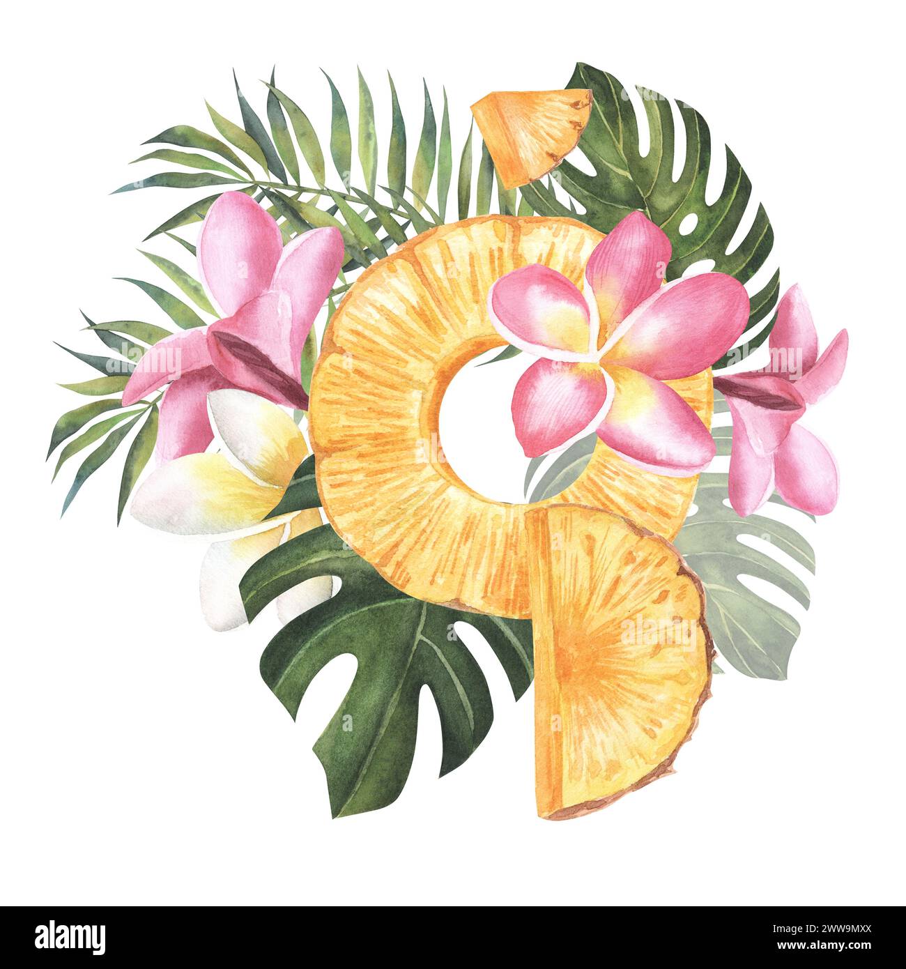 Watercolor illustration of tropical leaves and ananas fruits on ...