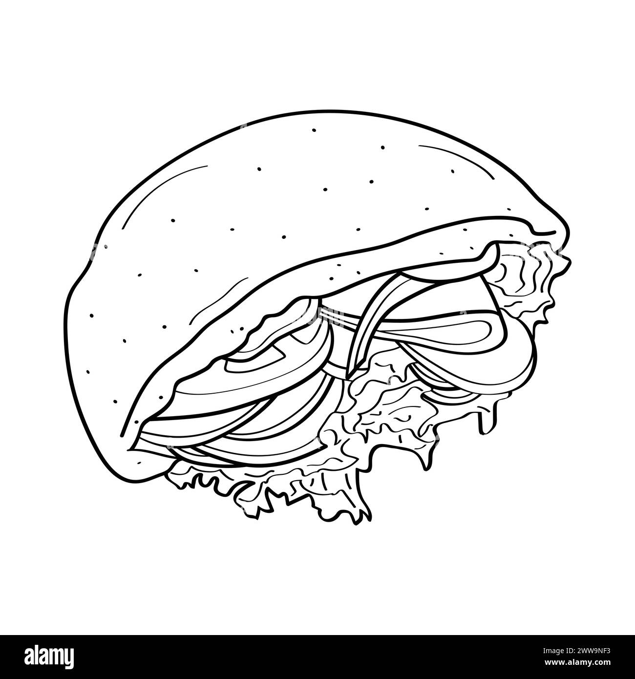 Hand drawn pita black outline, isolated on the white background, a ...