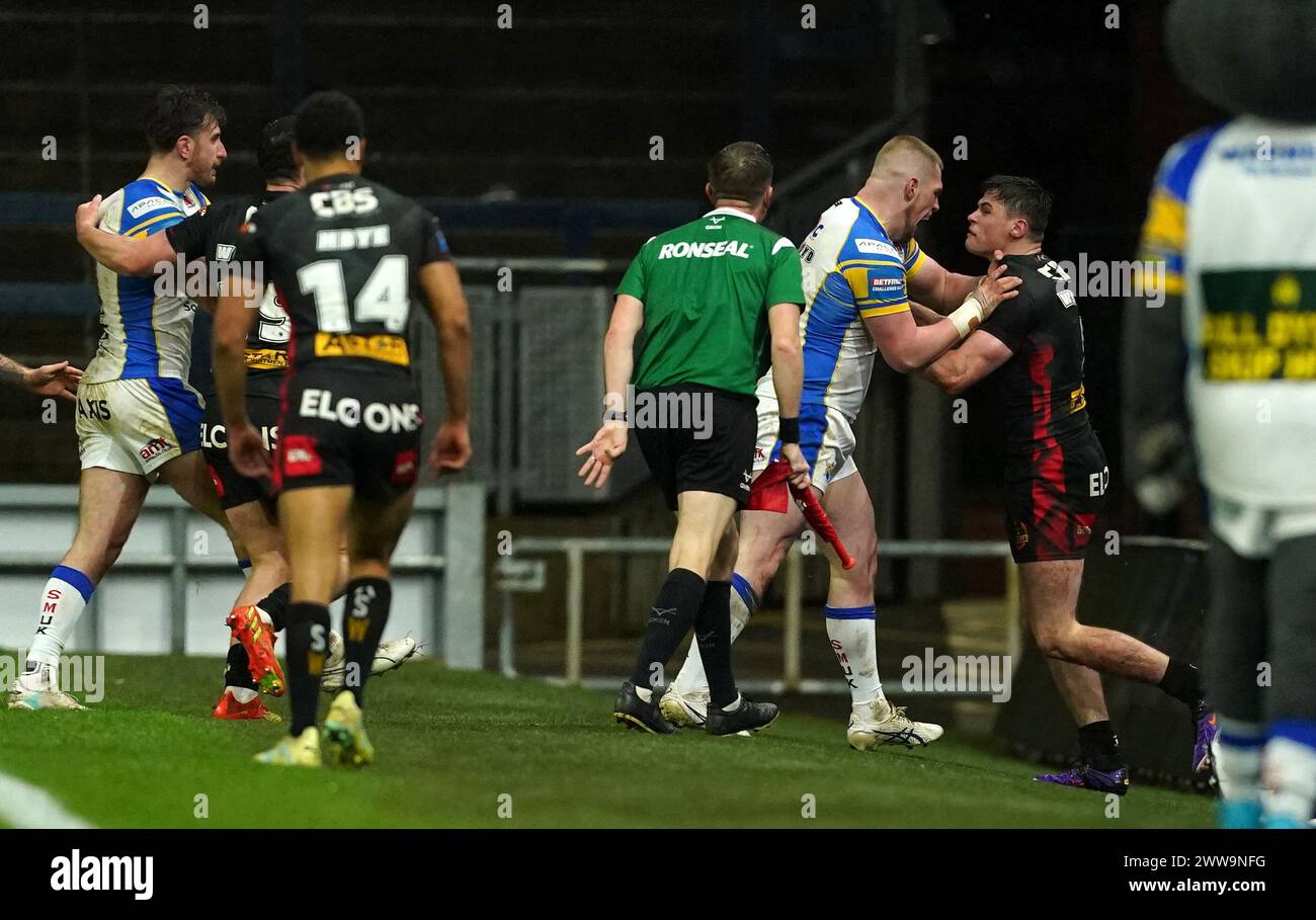 Leeds Rhinos' Tom Holroyd (left) and St Helens' Jack Welsby during the ...