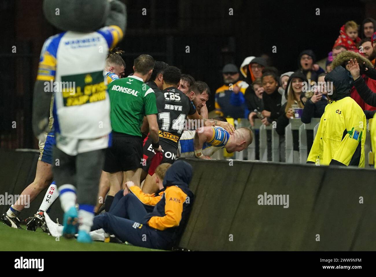 Leeds Rhinos' Tom Holroyd (left) and St Helens' Jack Welsby during the ...