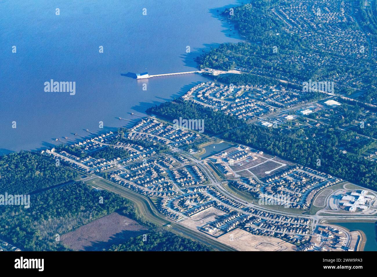 Aerial view of Lake Houston, the Lakeview Park fishing pier, Stillwater ...
