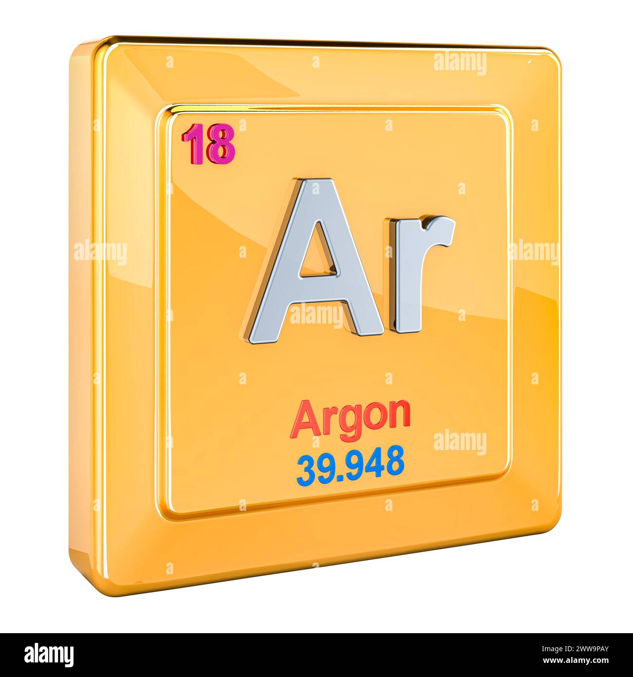 Argon Ar, chemical element sign with number 18 in periodic table. 3D ...