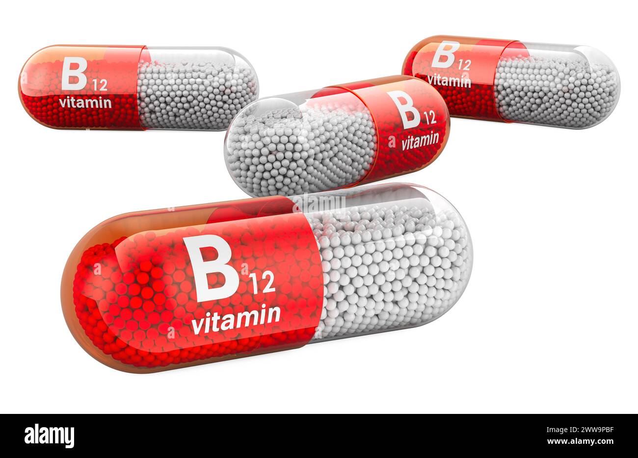 Capsules B12, vitamin cyanocobalamin. 3D rendering isolated on white ...