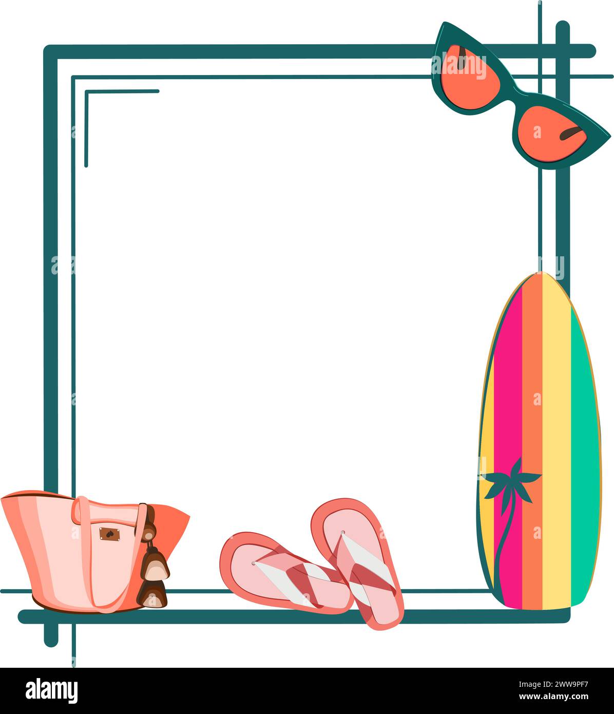 Summer frame with surfboard, beach bad, flip flops and sunglasses ...