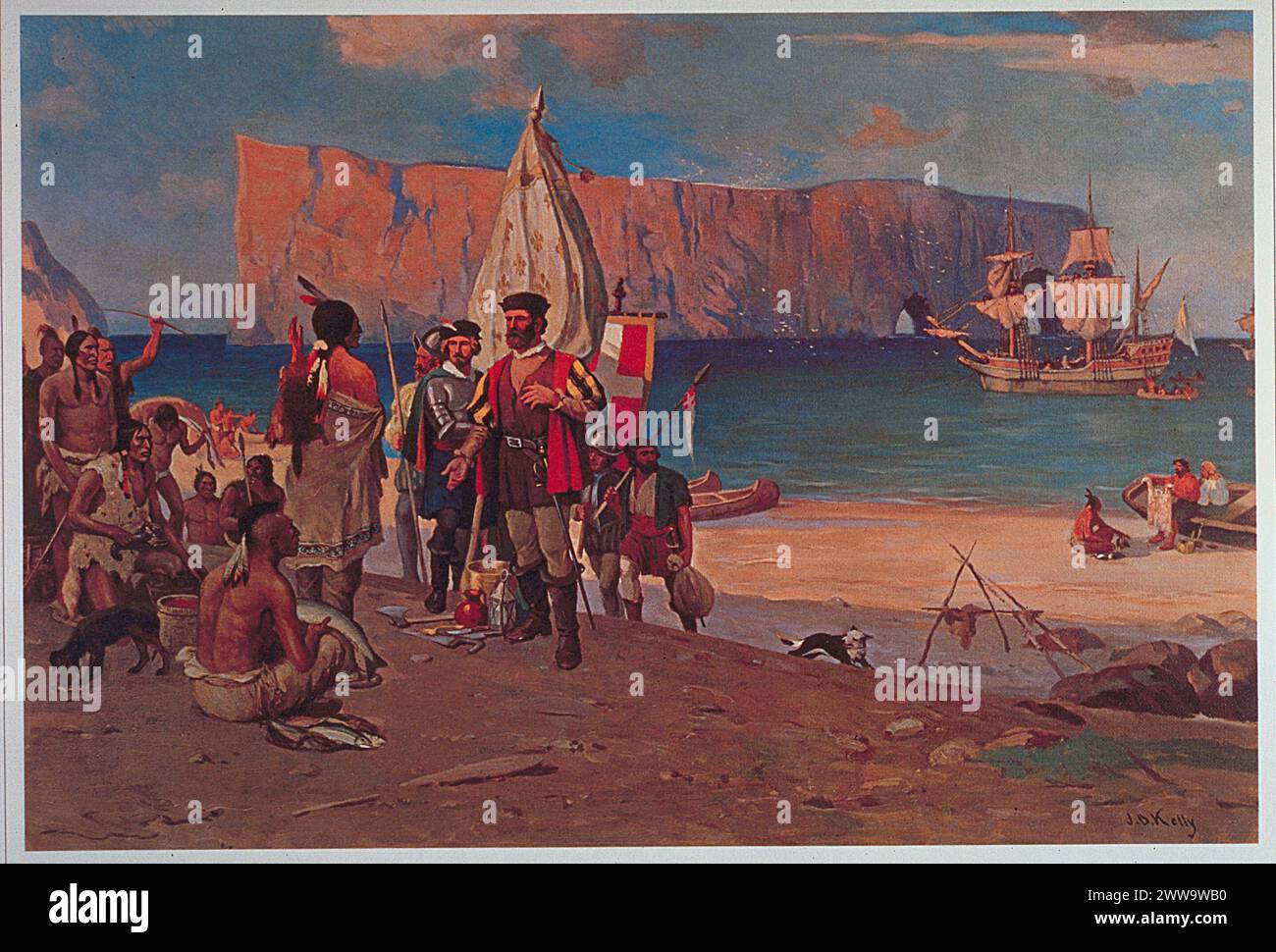Vintage Canadian History Painting. The discovery of Canada, Showing the ...