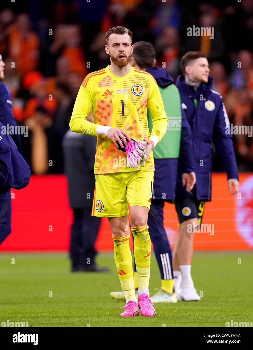 Scotland goalkeeper Angus Gunn at the end of a international friendly ...