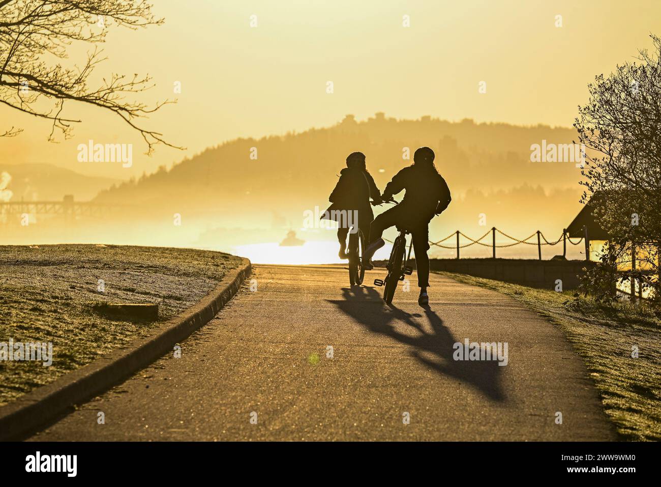 Cyclists at sunrise, Seawall bicycle path, Stanley Park, Vancouver ...