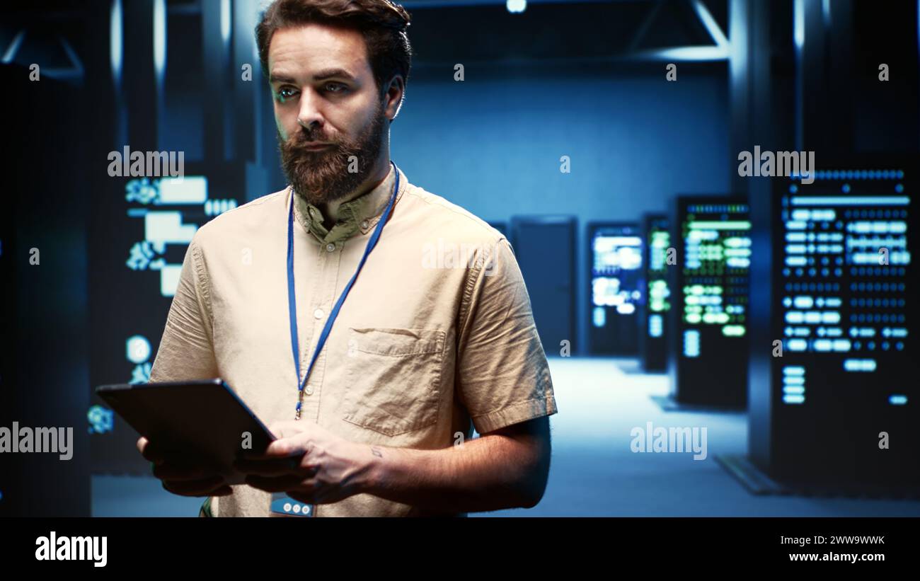 Expert preparing server room recovery plan monitoring data center ...