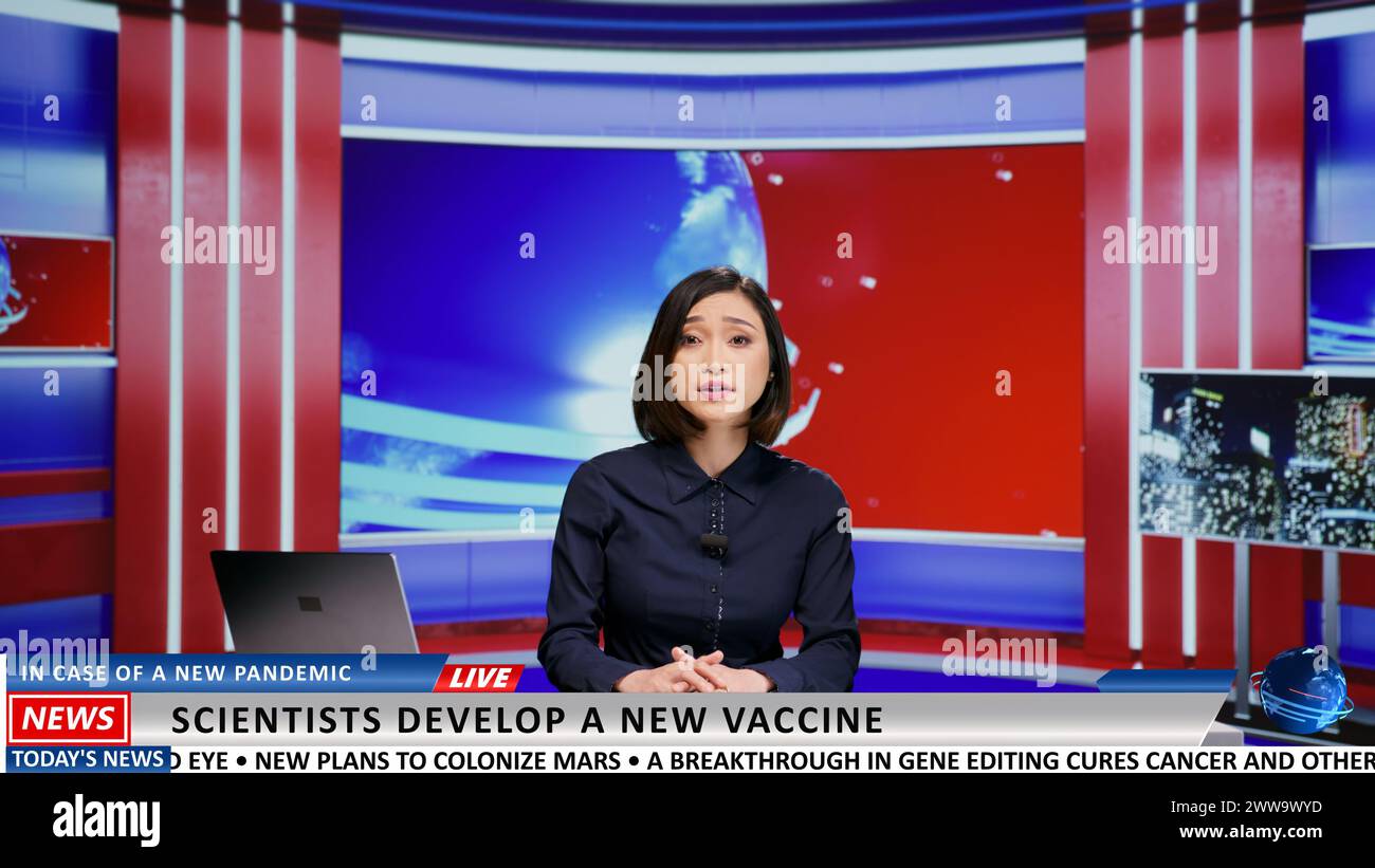 Reporter presents news about healthcare, introducing new vaccine ...