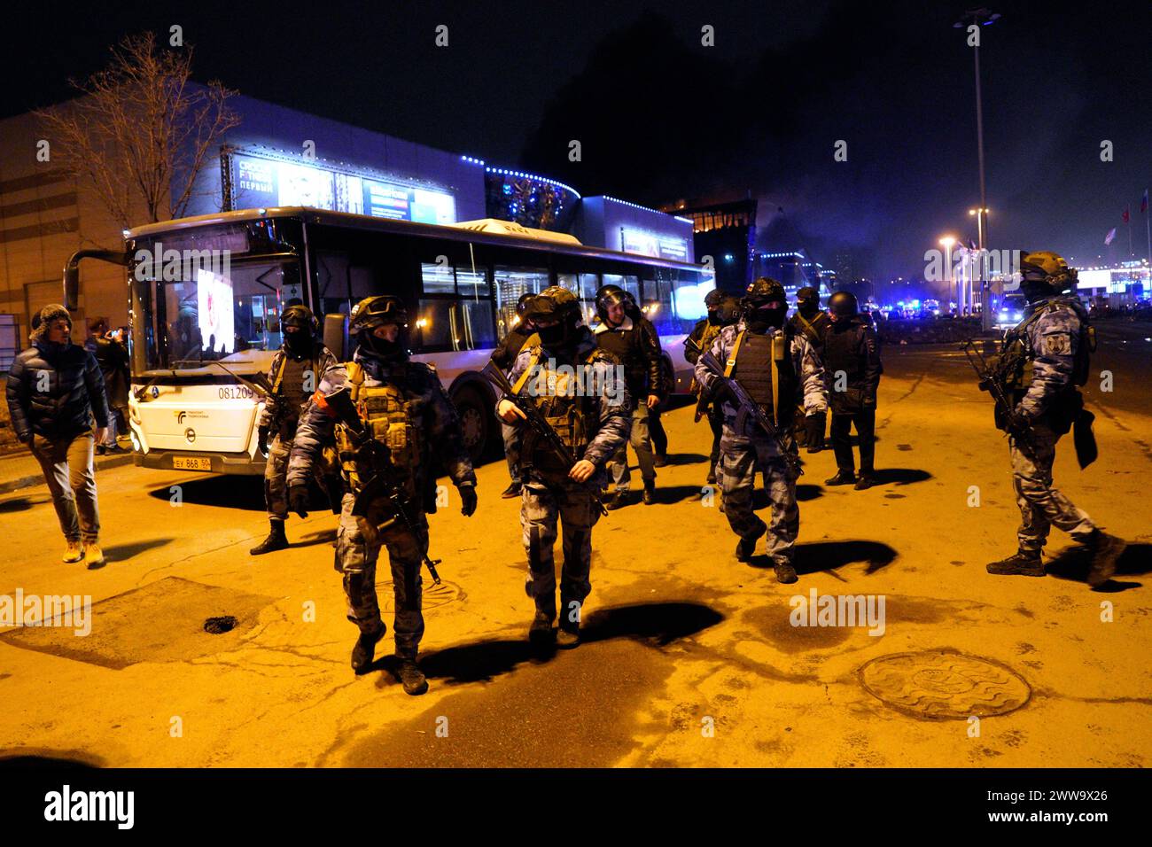 Law enforcement and fire fighters at Crocus City Hall outside Moscow ...