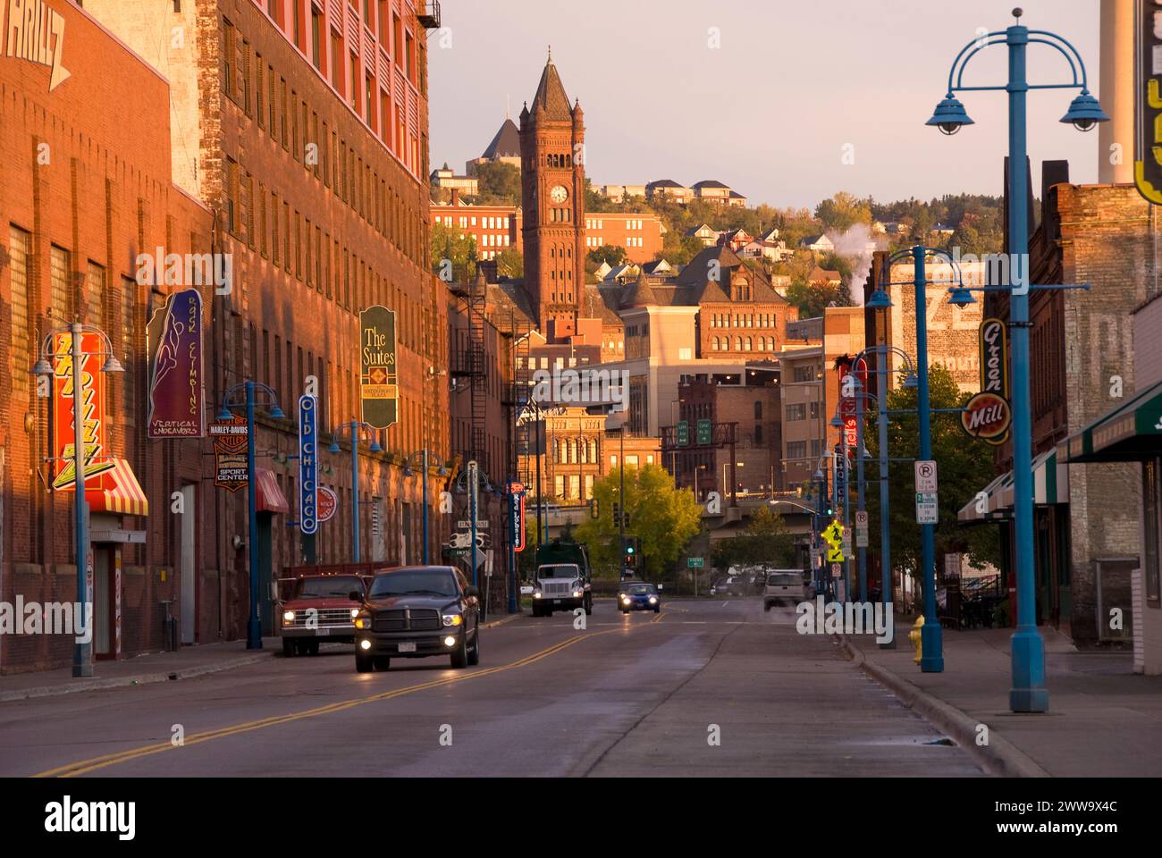 Lake Avenue early morning looks into hillside containing clock tower of ...