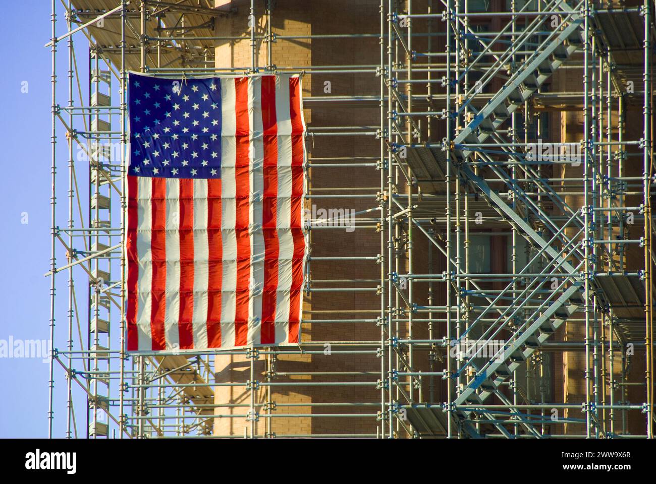 USA Flag on construction site of building restoration - Milwaukee ...