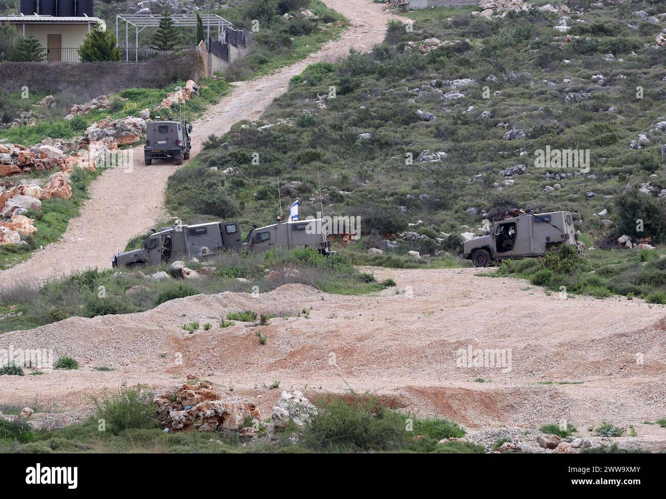 Dolev Jewish Settlement. 22nd Mar, 2024. Israeli military vehicles are ...
