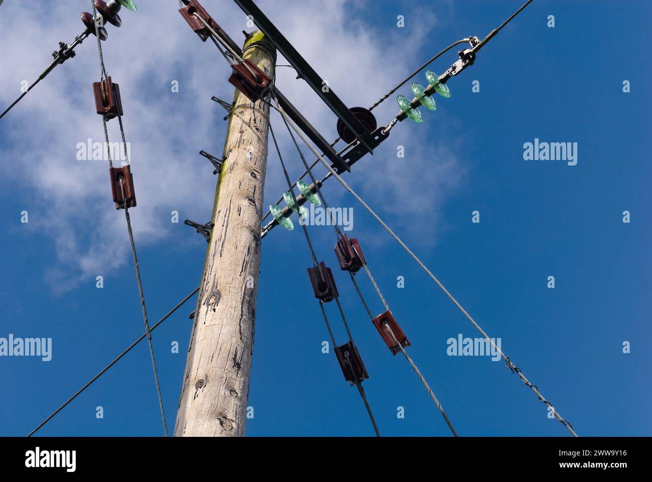 UK 33KV power pole with guy ropes and green glass insulators Stock ...