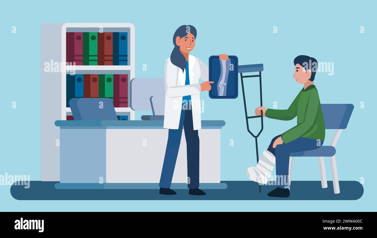 Female Doctor engaging with a patient who has an injured leg. Doctor ...