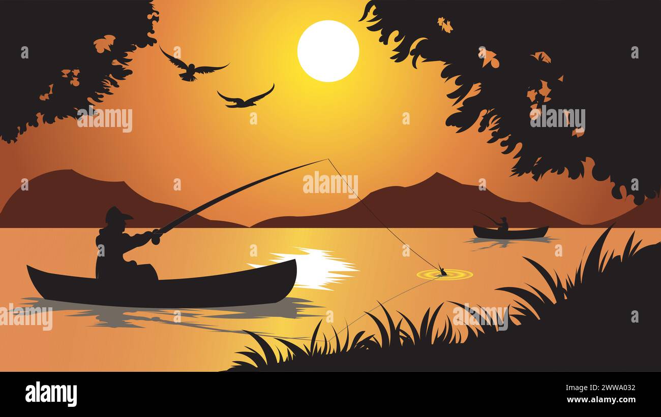 Fishing scene with silhouette of fisherman in canoe on a lake at sunset ...