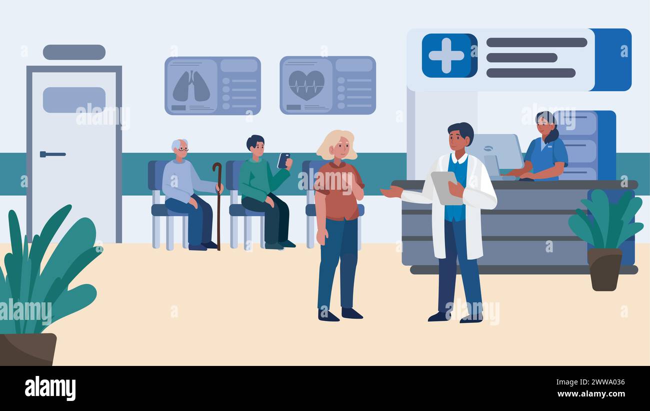 Cartoon style vector illustration of hospital waiting hall. People ...