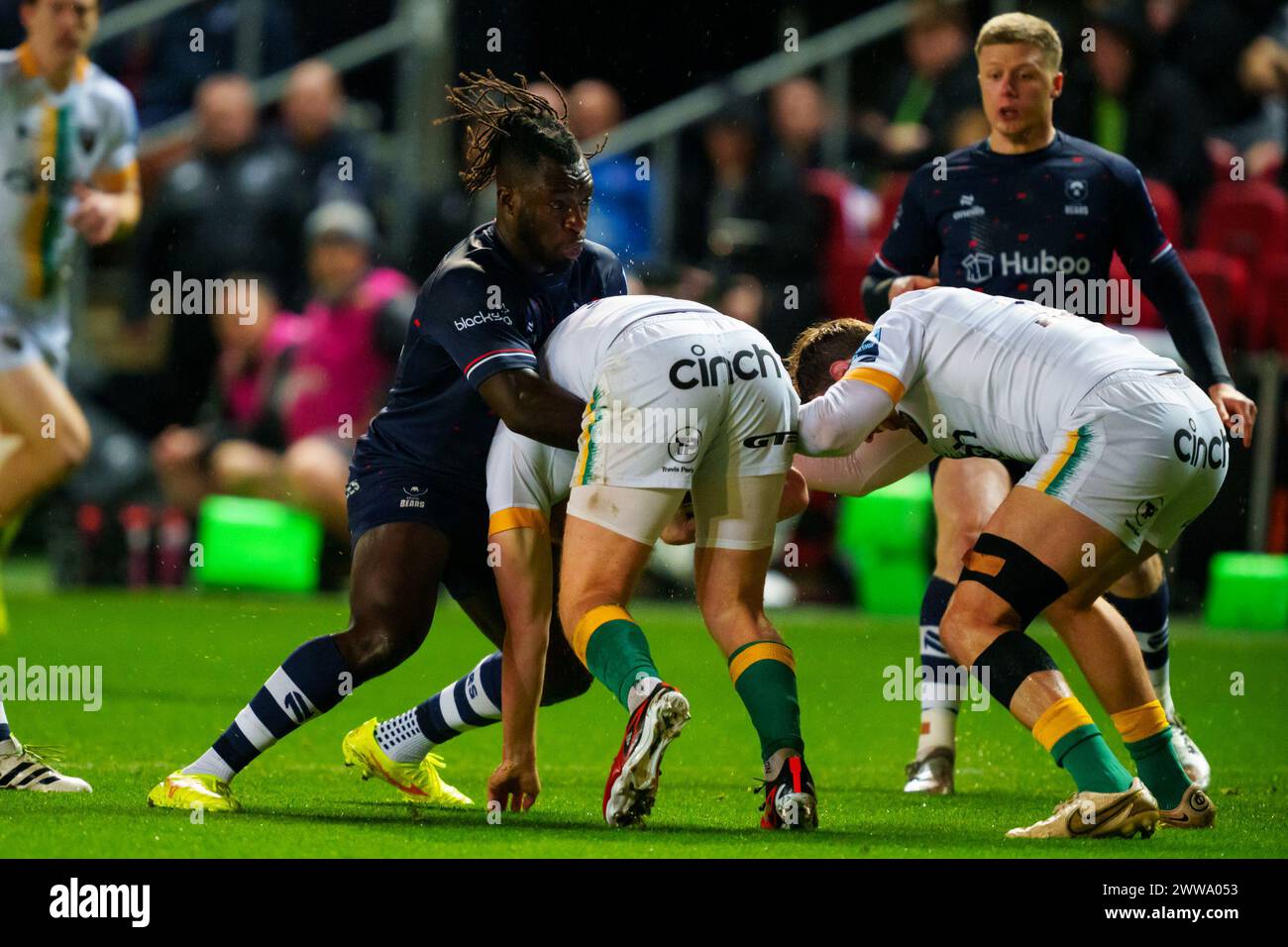 Bristol, UK. 22nd Mar, 2024. Gabriel Ibitoye of Bristol Bears tackles ...