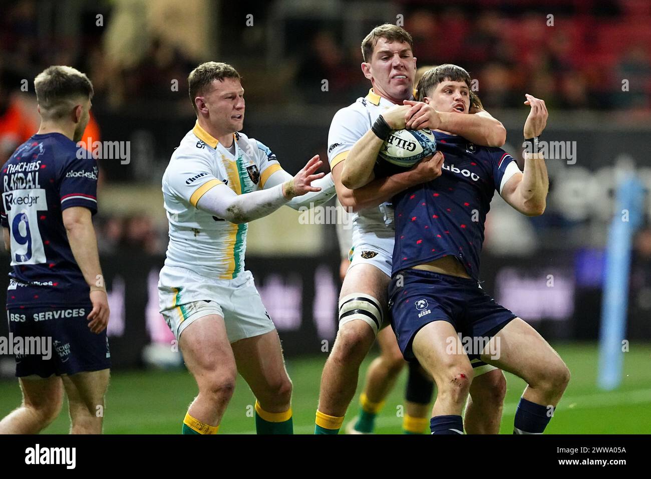 Bristol, UK. 22nd Mar, 2024. Tom Lockett of Northampton Saints gets ...