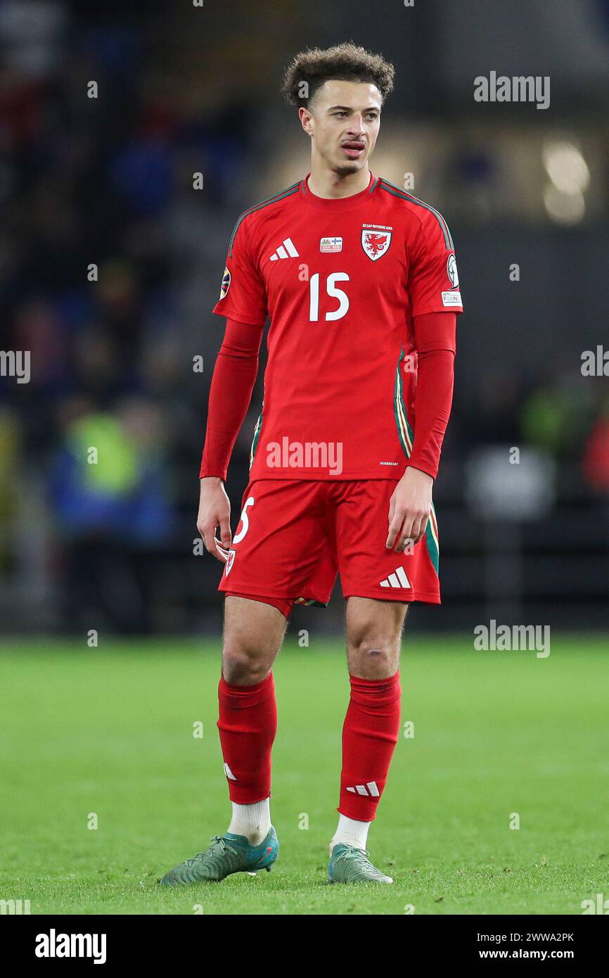 Cardiff, UK. 21st Mar, 2024. Wales Ethan Ampadu (D) (15) during the ...