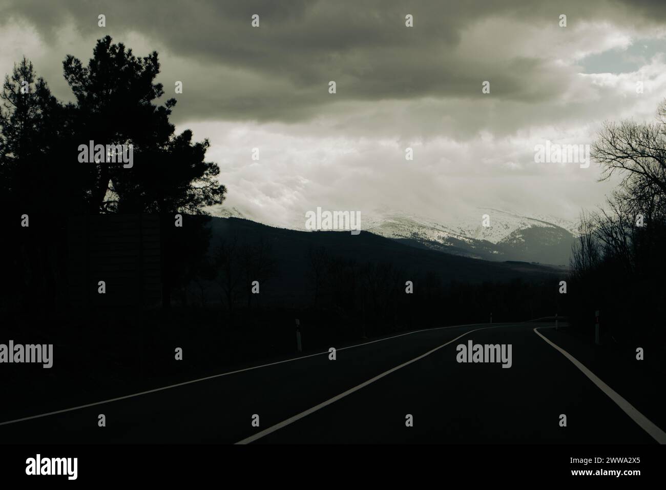 Empty misty road through winter forest. Scenic picturesque route. Sense ...