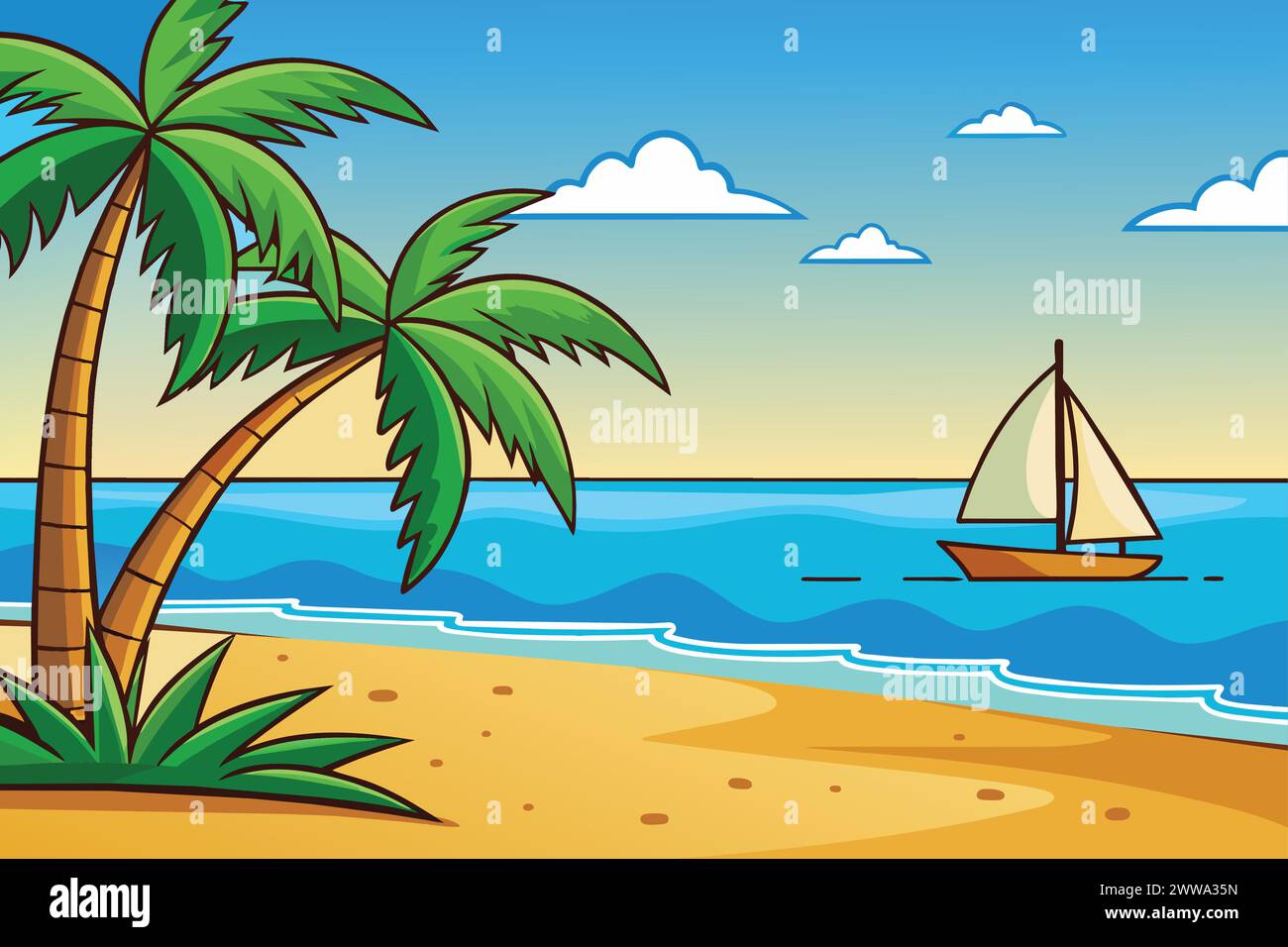 Vector Tropical Beach Landscape With Sailboat And Palm Trees On The