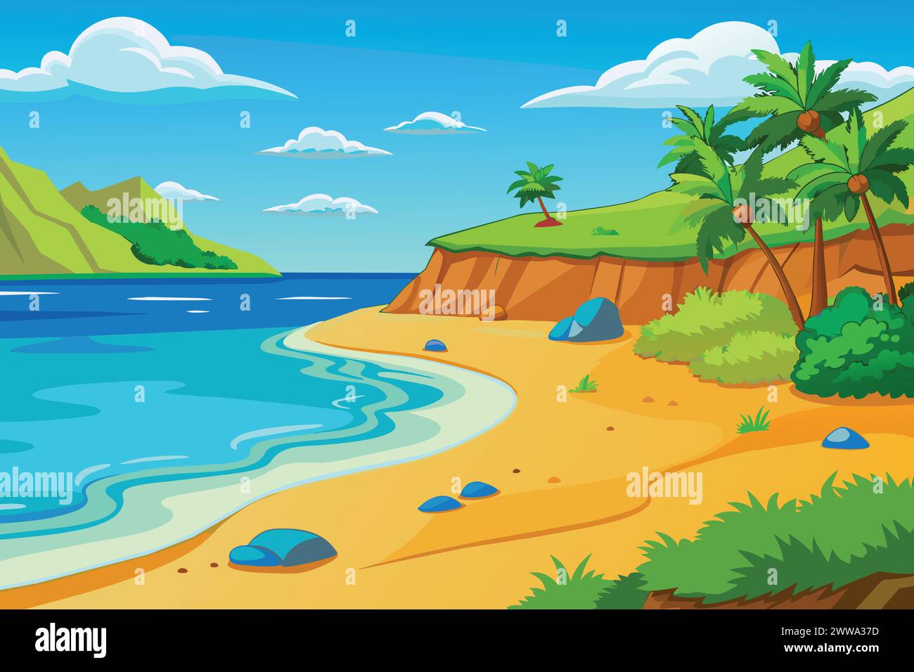 Empty nature beach ocean coastal landscape vector illustration Stock ...