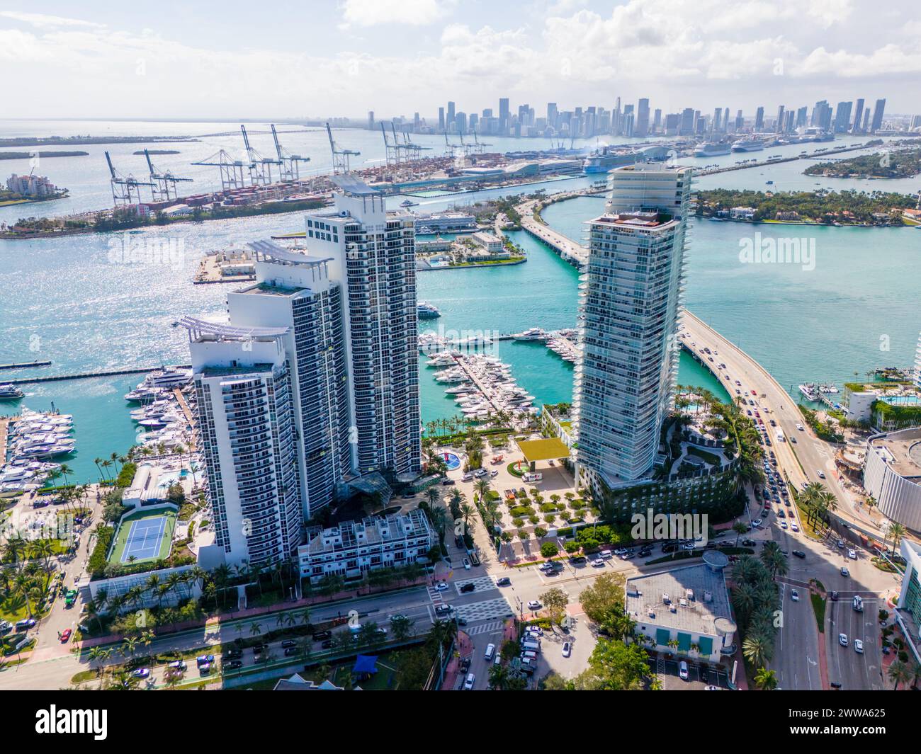 Aerial establishing shot Miami Beach with view of port and downtown ...