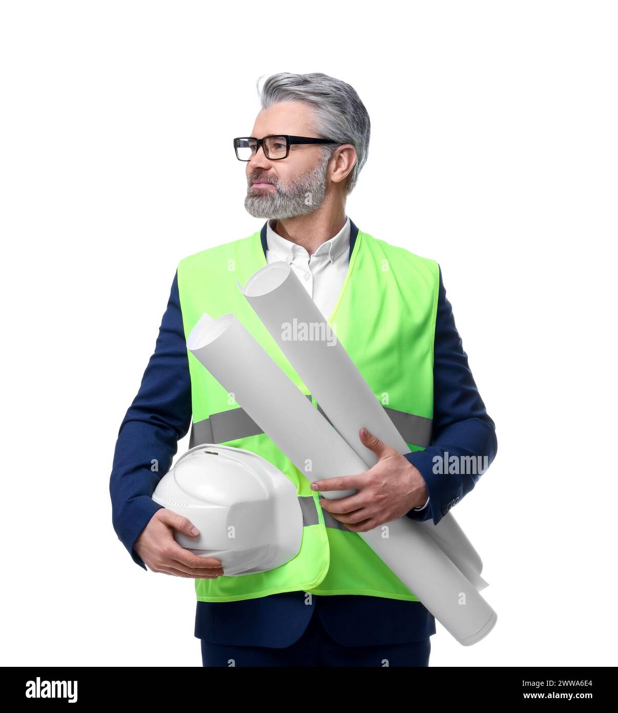 Architect with hard hat and drafts on white background Stock Photo - Alamy