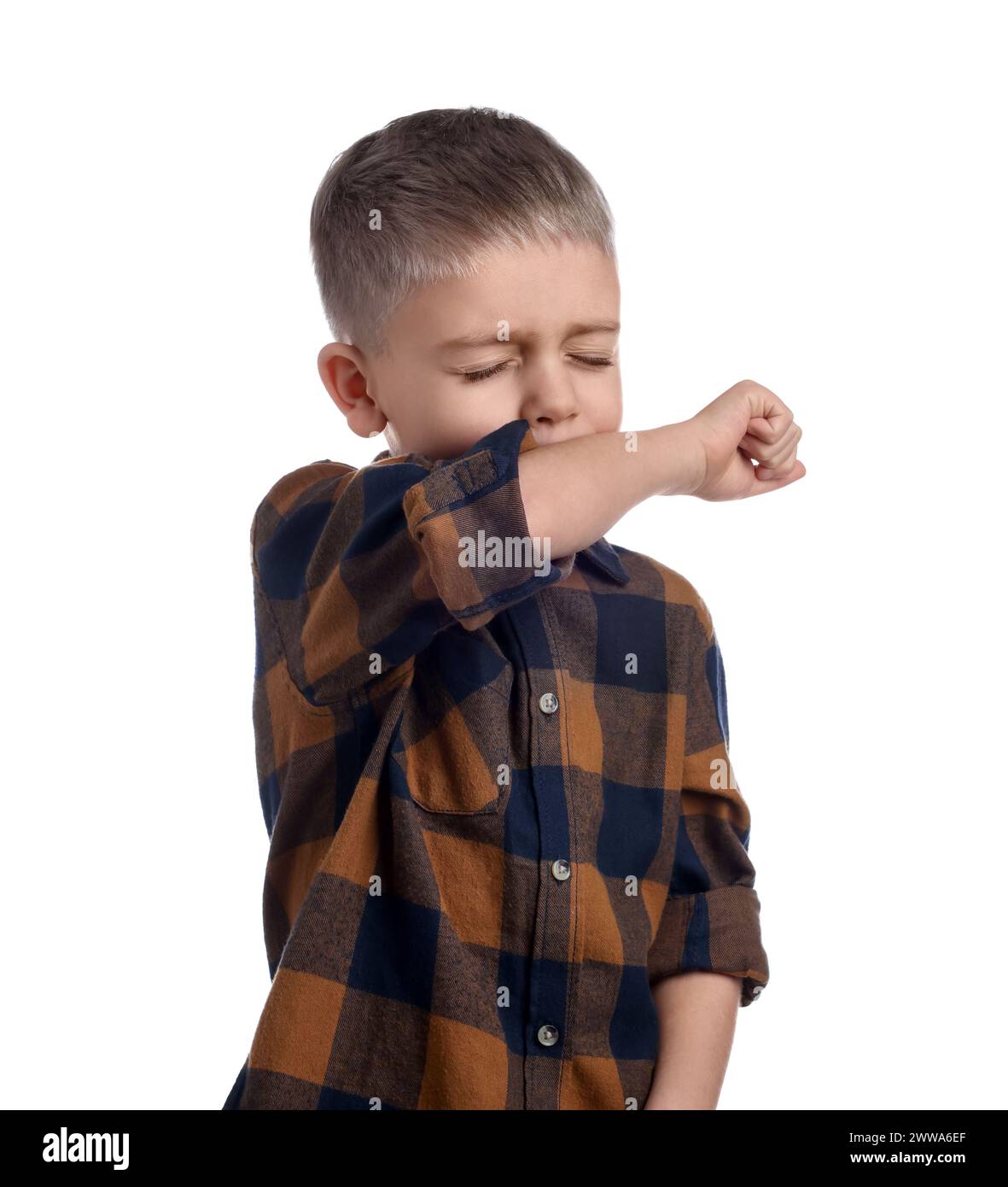 Sick boy coughing on white background. Cold symptoms Stock Photo - Alamy