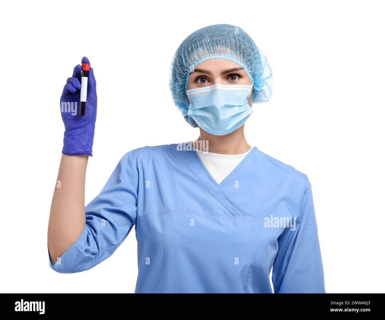Laboratory testing. Doctor with blood sample in tube on white ...