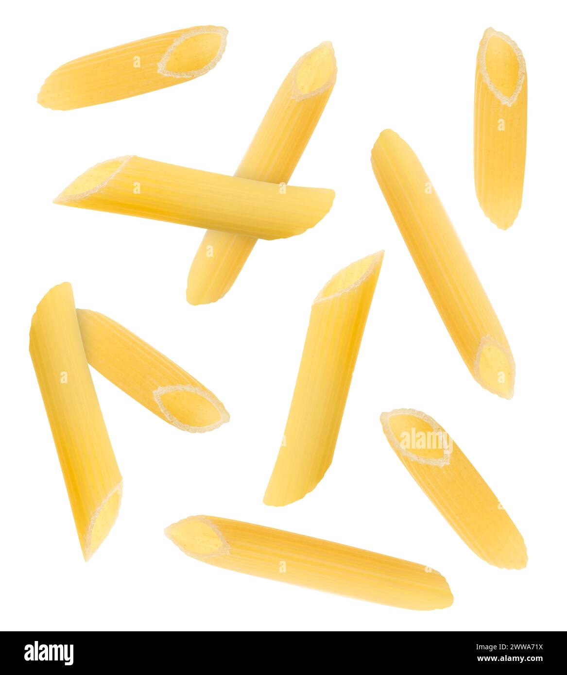 Raw penne pasta flying on white background Stock Photo - Alamy