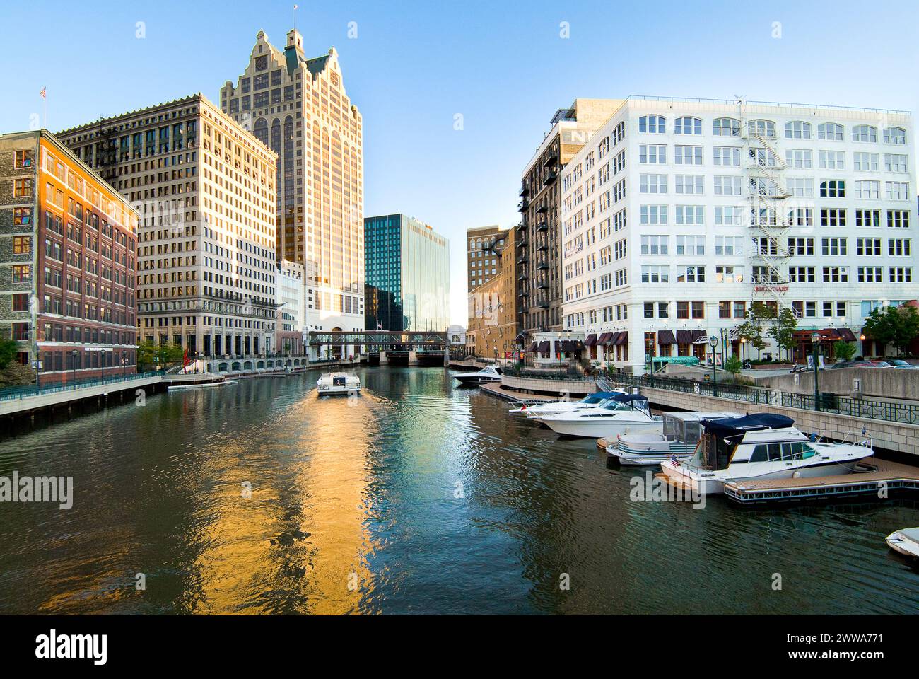 Milwaukee River and Riverwalk in the historical city center with it's ...