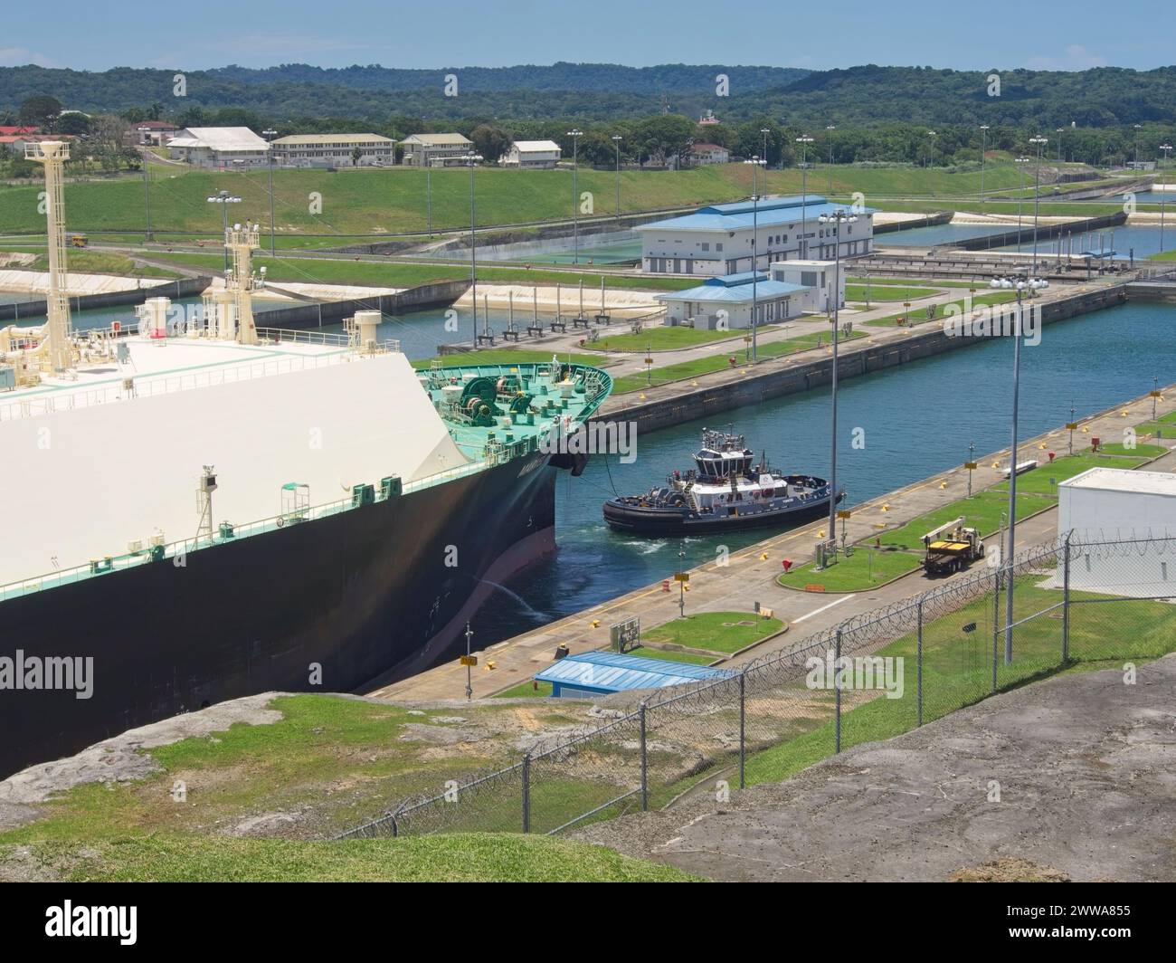 Boat passing through Agua Clara, Panama Canal Stock Photo - Alamy