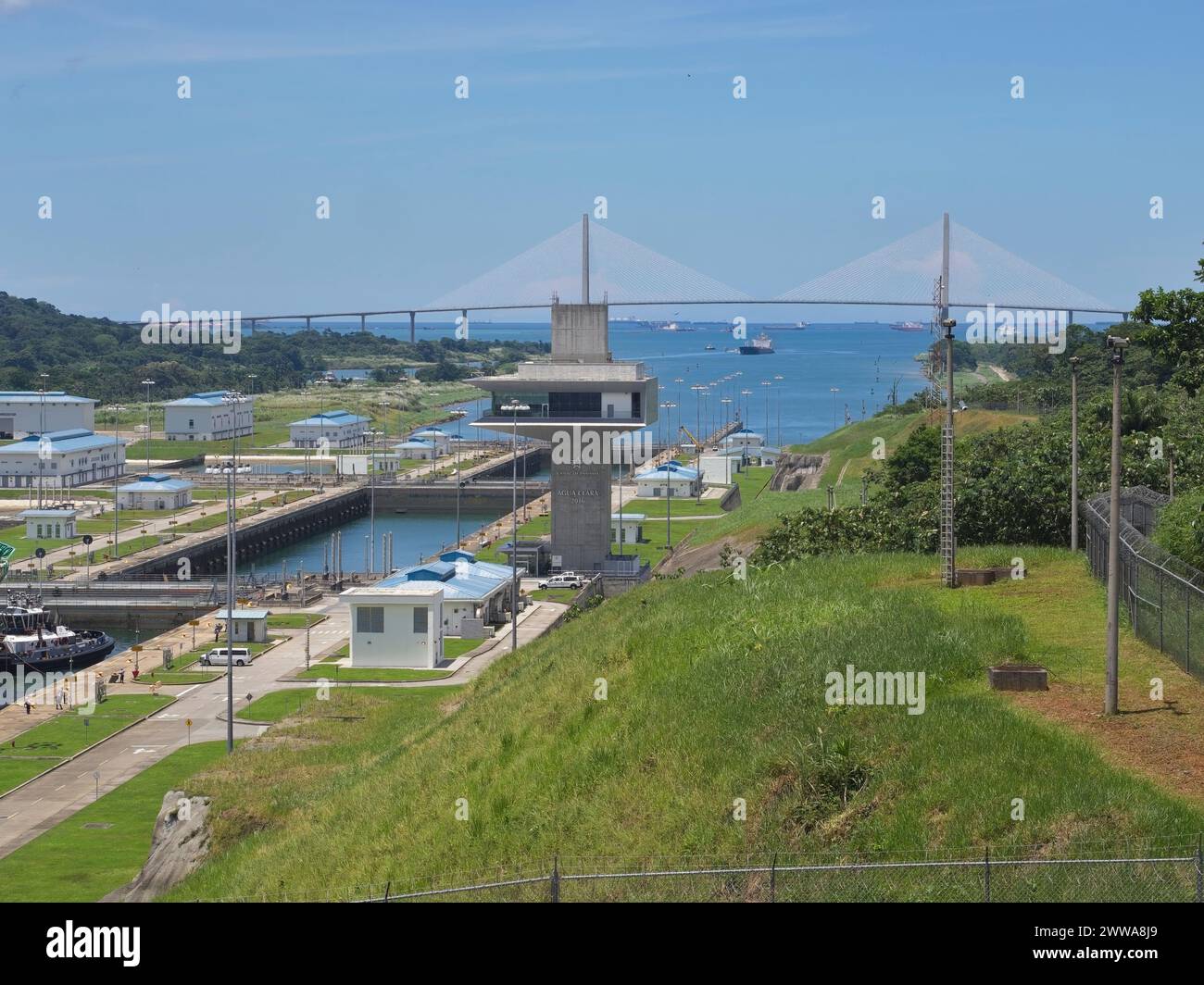 Agua Clara control tower and view of bridge Stock Photo - Alamy
