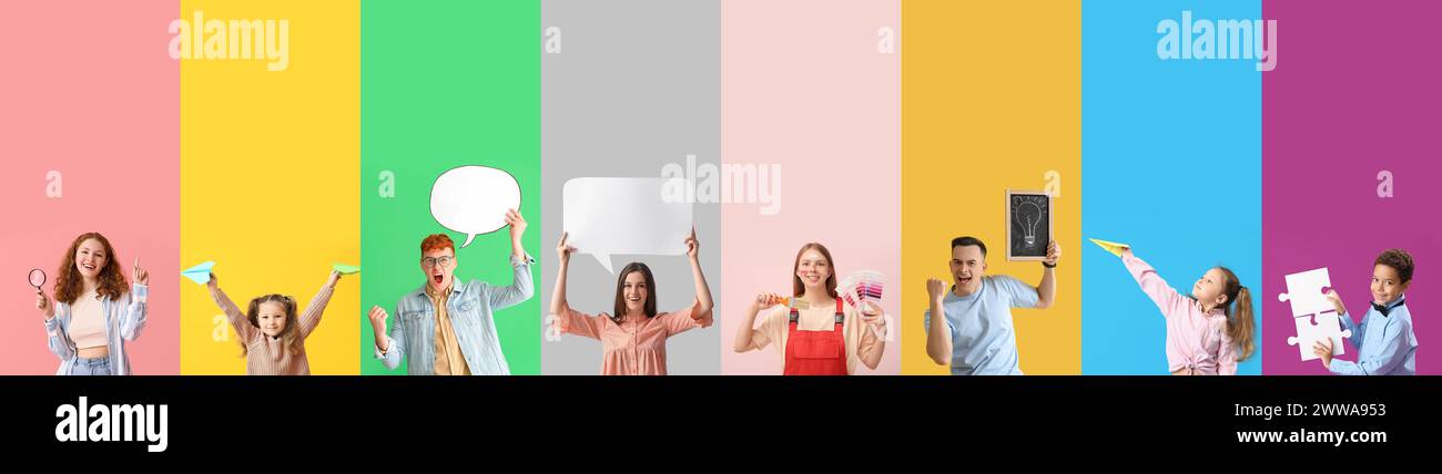 Set of inventors on color background Stock Photo - Alamy