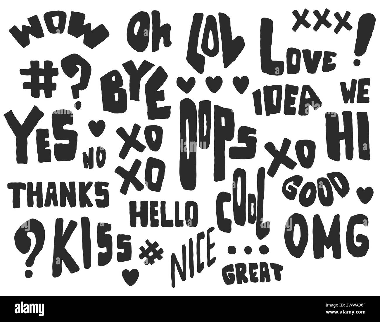 Set of doodle words and symbols. Vector lettering. Words love hello lol ...