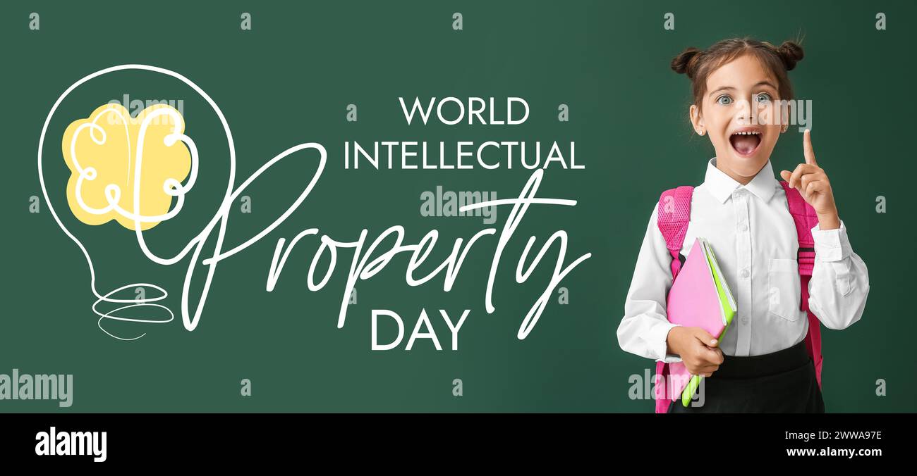 Banner for World Intellectual Property Day with thoughtful schoolgirl ...