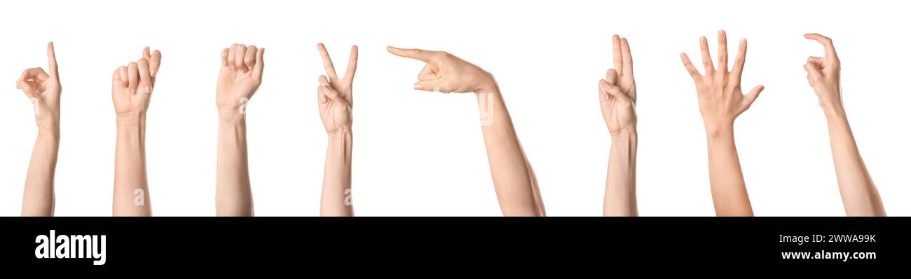 Set of hands using sign language on white background Stock Photo - Alamy